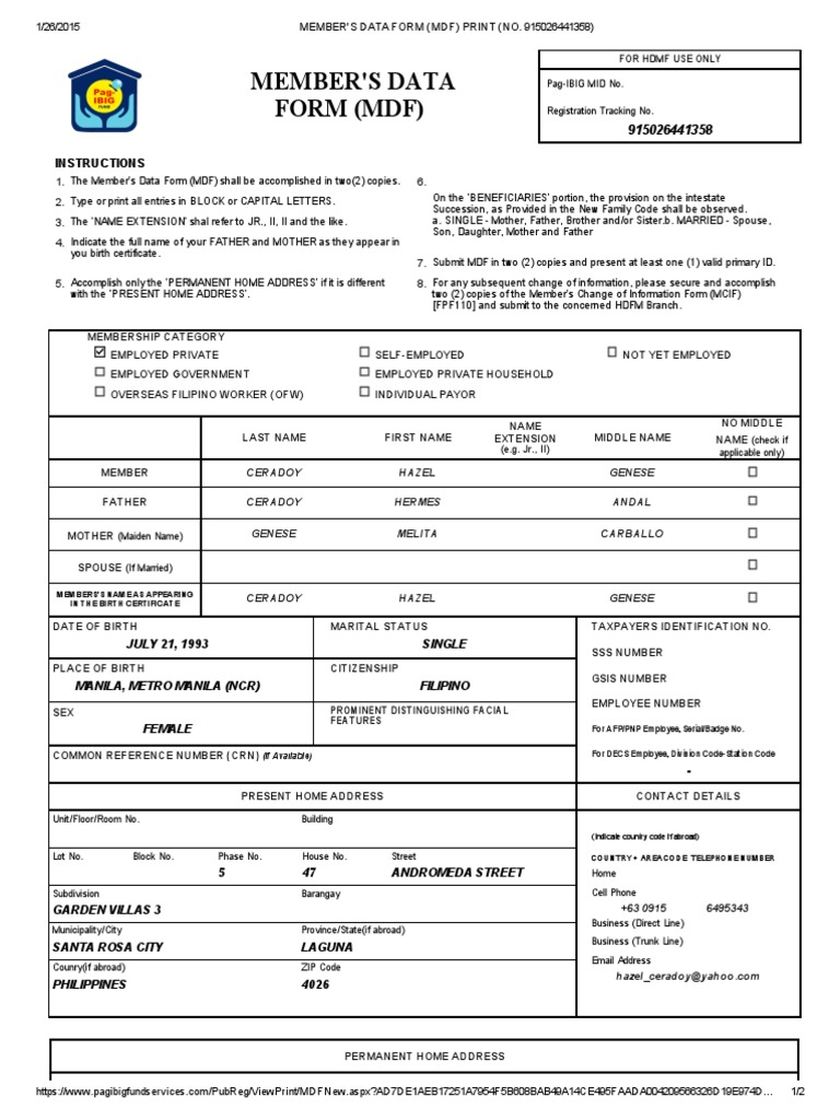 Member's Data Form (MDF) Print (No | PDF | Metro Manila | Government