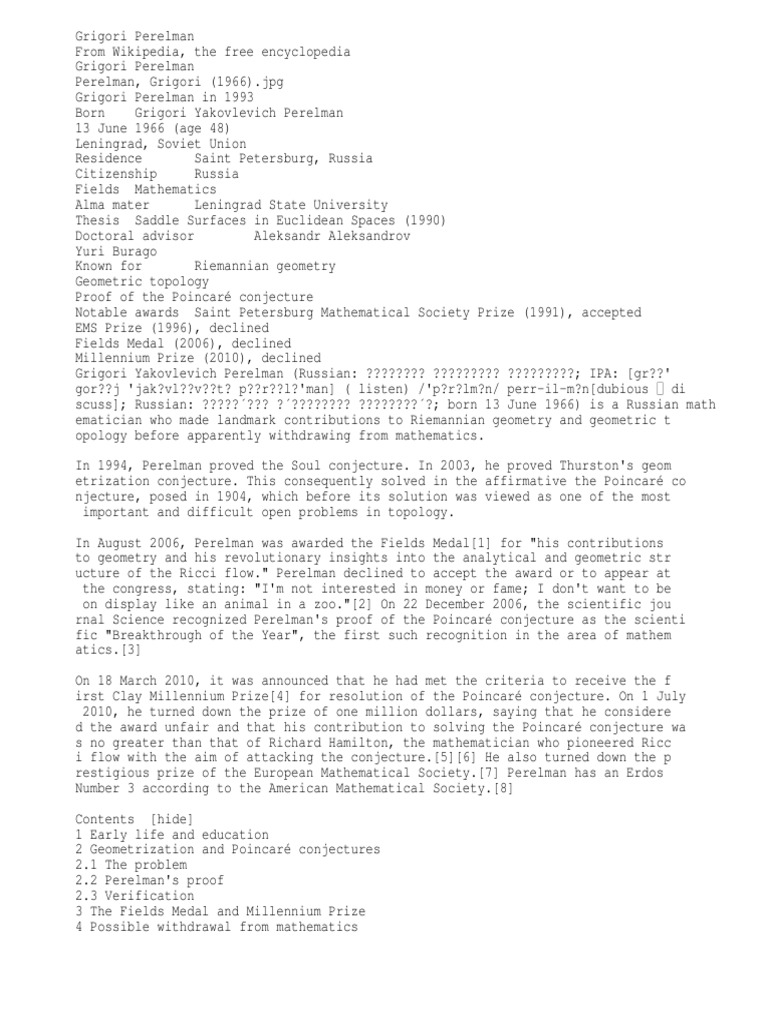 Grigori Perelman: Mathematician Who Solved Poincaré Conjecture | PDF ...