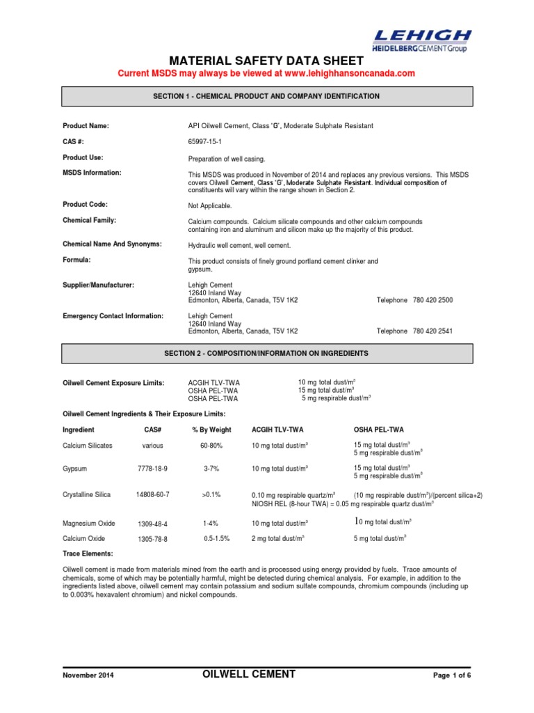 Cement - API Oilwell Cement, Class 'G', Moderate Sulphate Resistant ...
