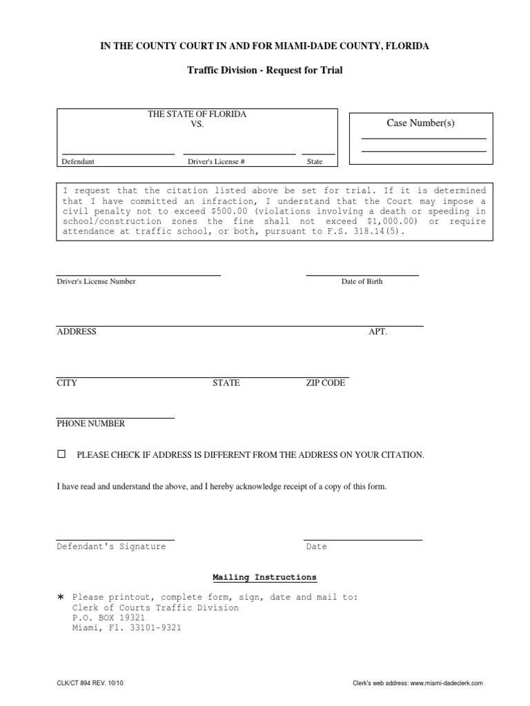Traffic Trial Request Form Miami-Dade | PDF