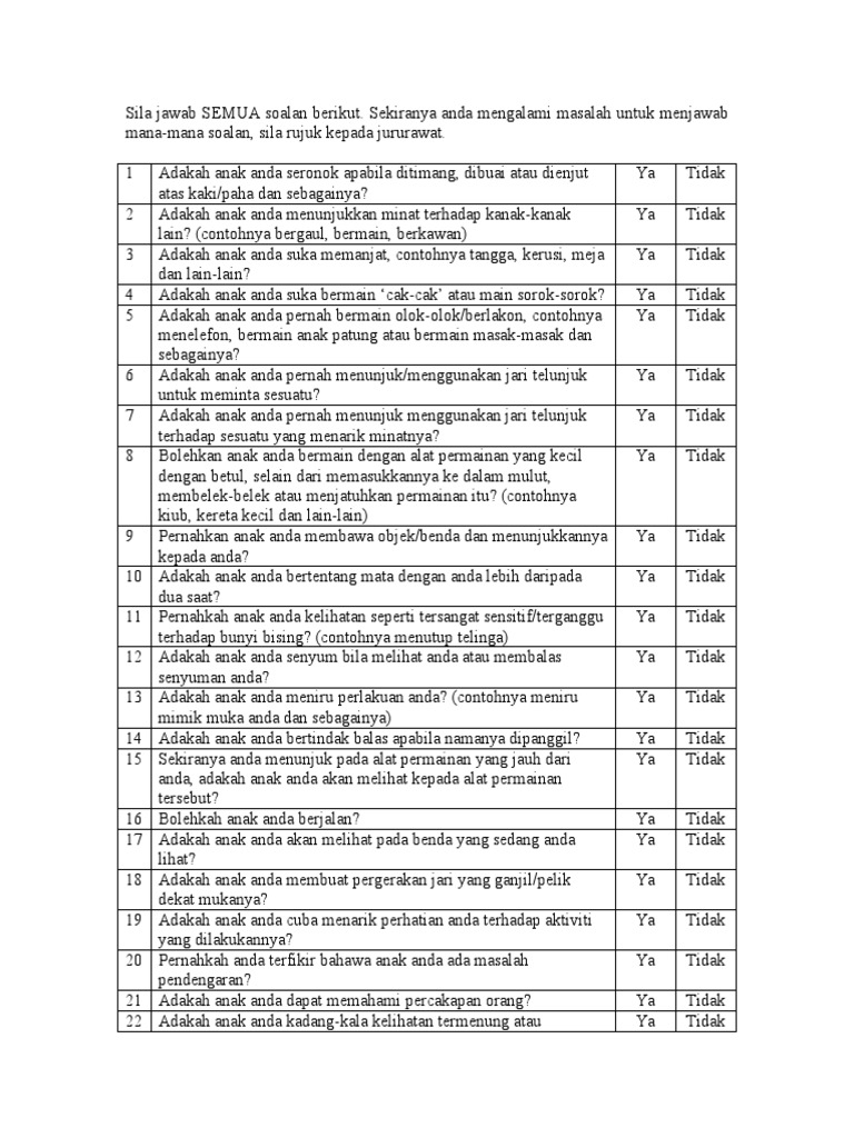 Soalan M-Chat untuk Penilaian Anak | PDF