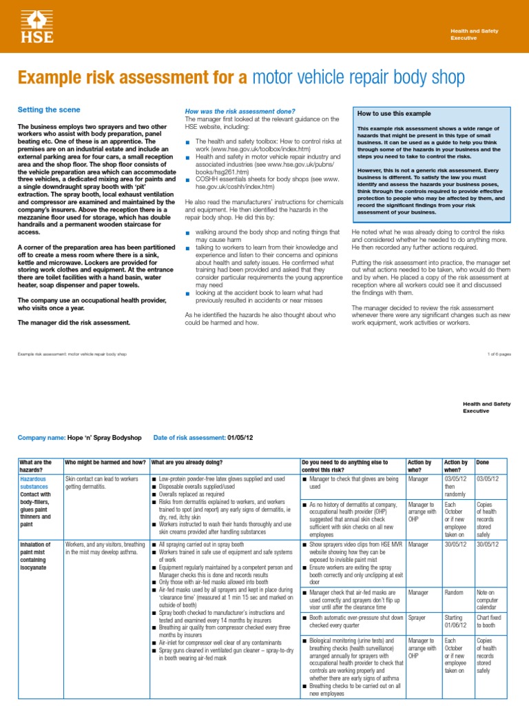 Motor Vehicle Repair Body Shop: Example Risk Assessment For A ...