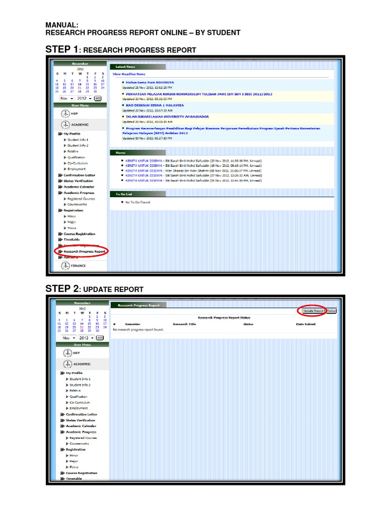 Step 1: Manual: Research Progress Report Online - by Student: Research ...
