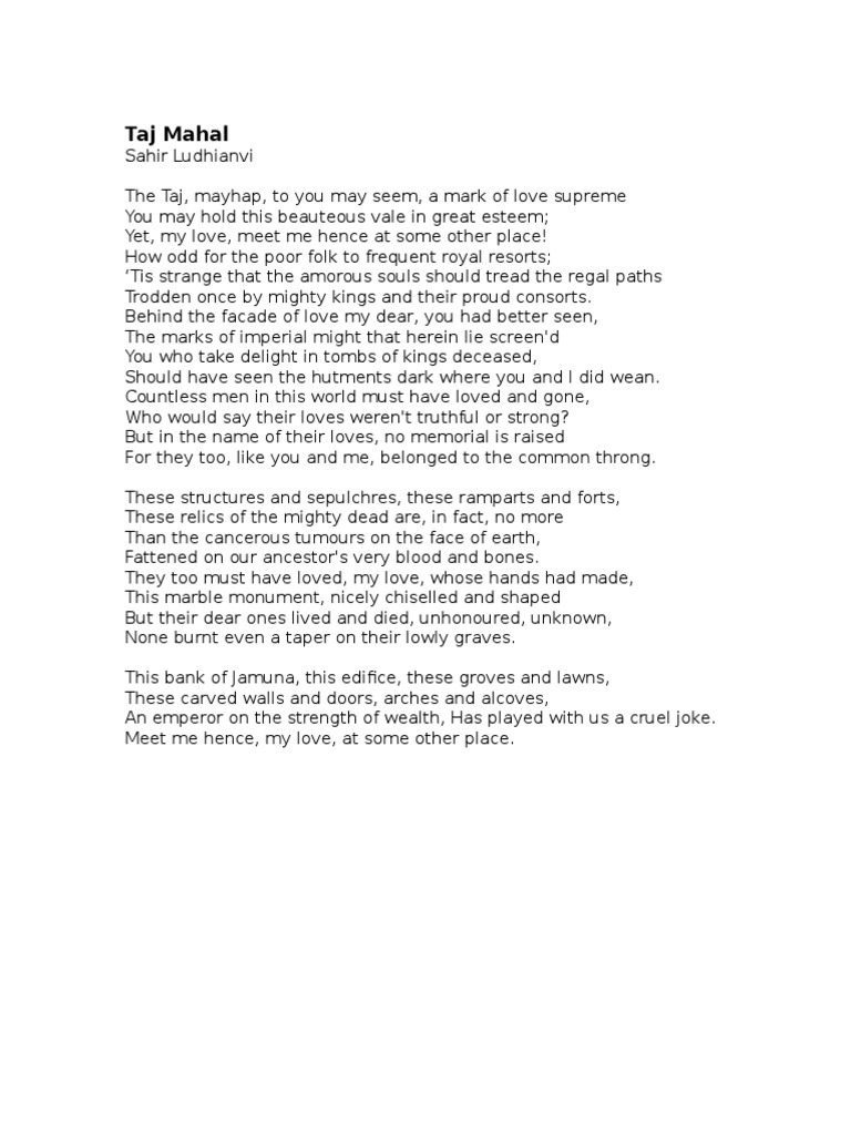 Sahir Ludhianvi - Taj Mahal (Poem) | PDF