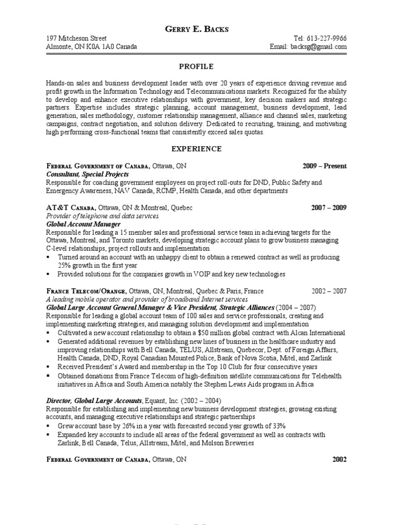 Gerry Backs - Resume FINAL | PDF | Canada | Business Development