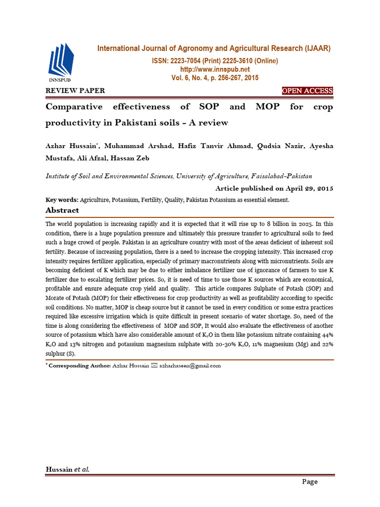 SOP vs MOP: Potassium Fertilizers in Pakistan | PDF | Fertilizer ...