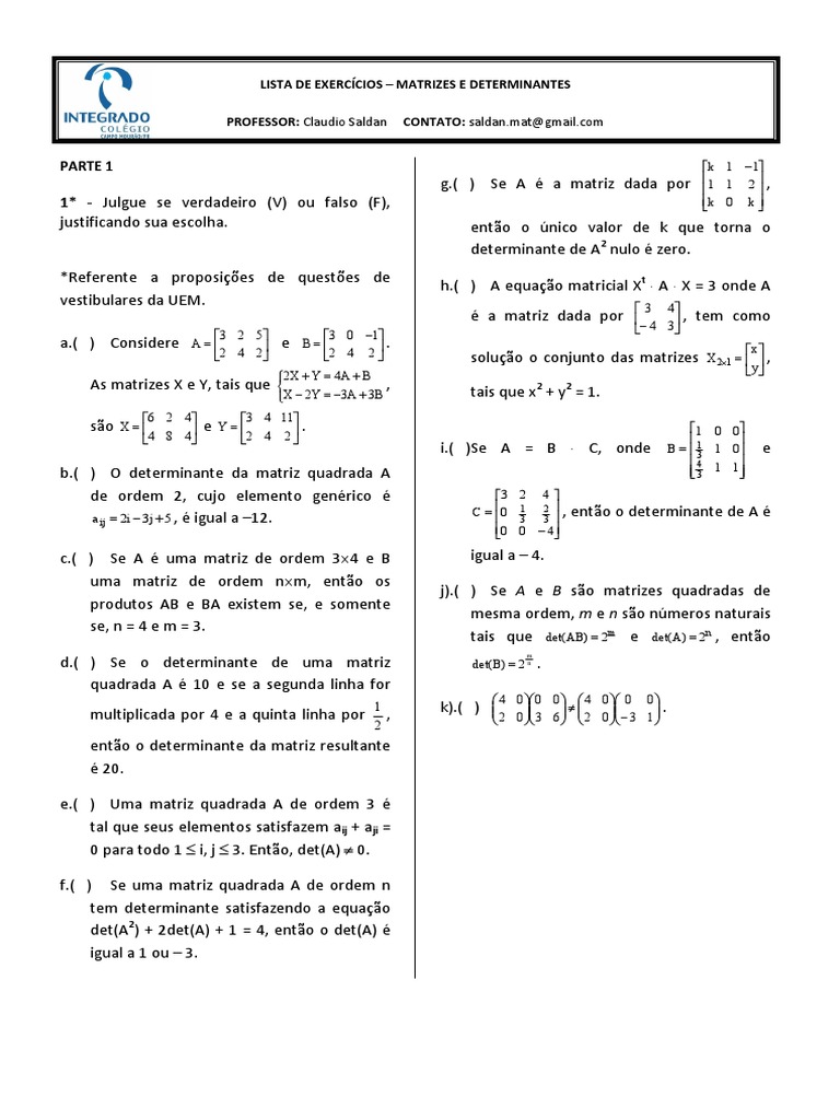 Lista de Exercícios - Matrizes e Determinantes | PDF | Determinante ...