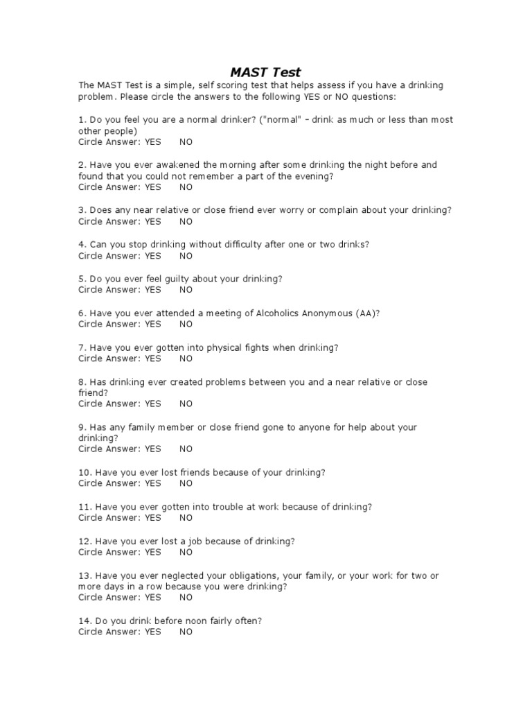 MAST Test | PDF | Alcoholism | Clinical Psychology