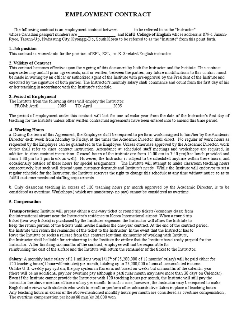 Sample Contract for ESL Korea | Sick Leave | English As A Second Or ...