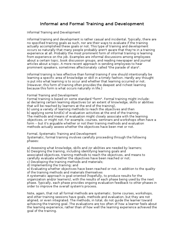 Informal vs Formal Training Overview | PDF | Goal | Learning