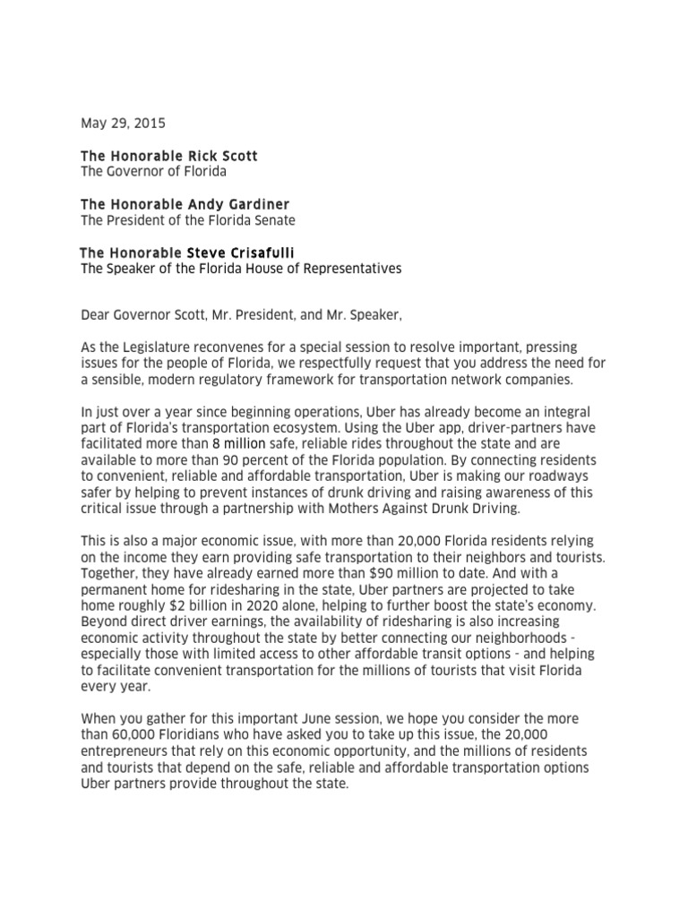 Florida Special Session Letter 5.29.15 | PDF | Uber (Company) | Florida