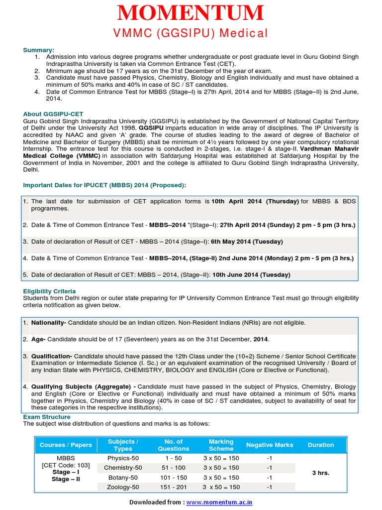 GGSIPU MBBS CET 2014 Admission Guide | PDF | Educational Stages | Schools
