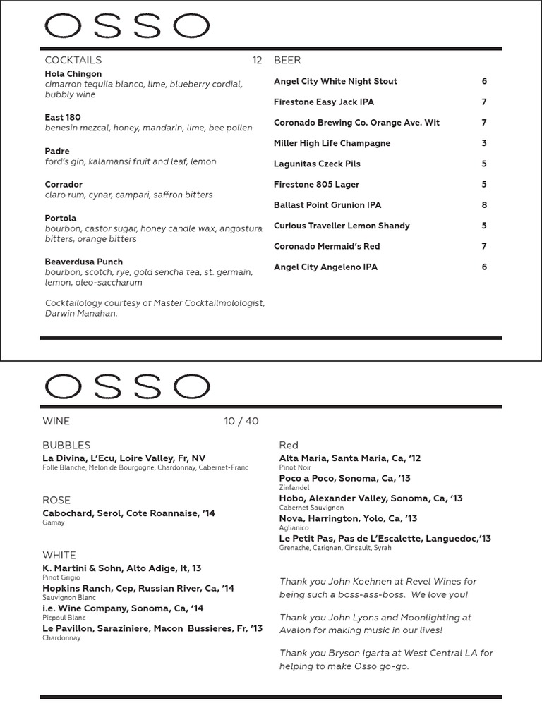 Osso Drinks Menu | PDF | Cooking, Food & Wine