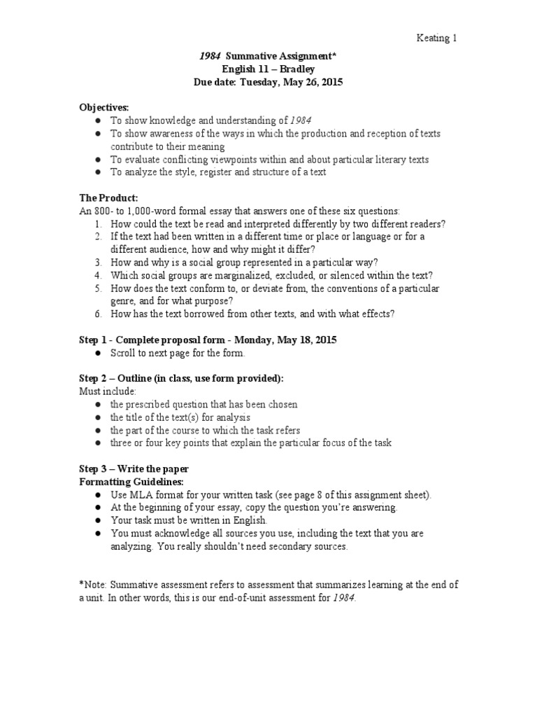 1984 Summative Essay Guidelines | PDF | Essays | Languages