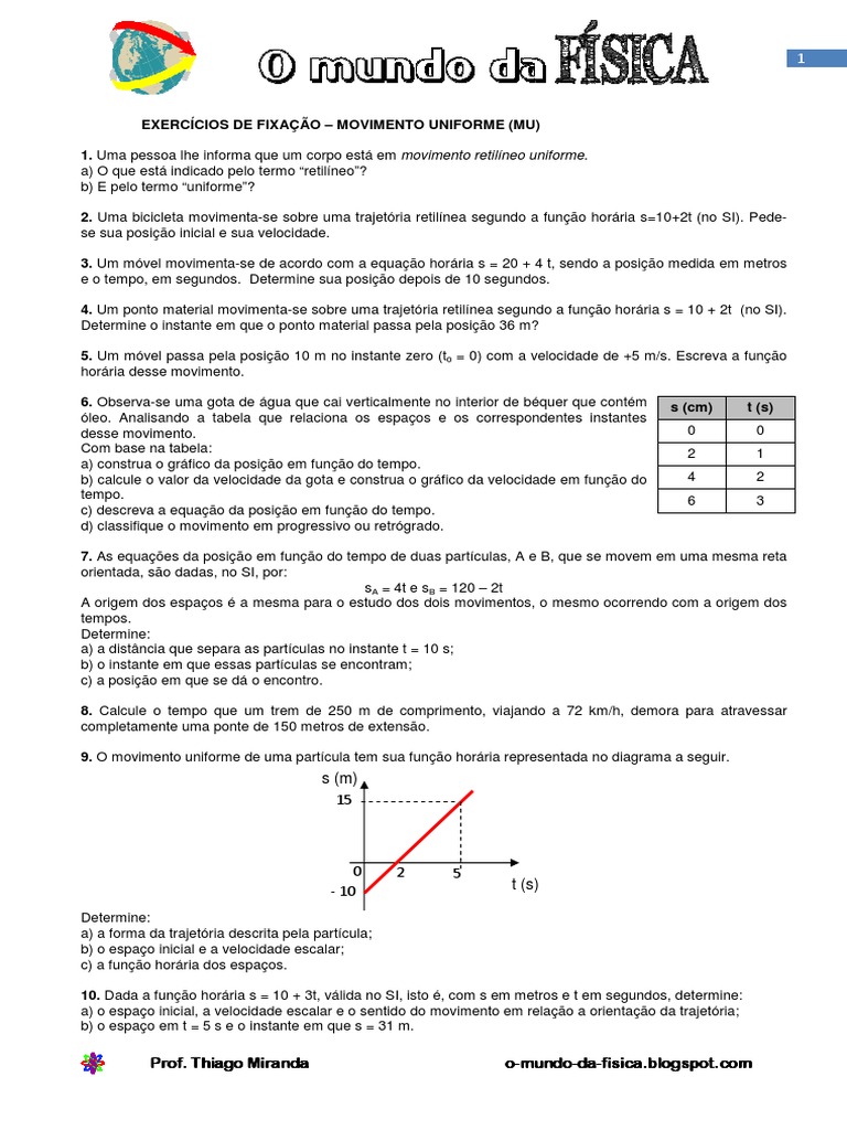 05 - Exerc - Movimento Uniforme - MU | PDF | Trajetória | Velocidade