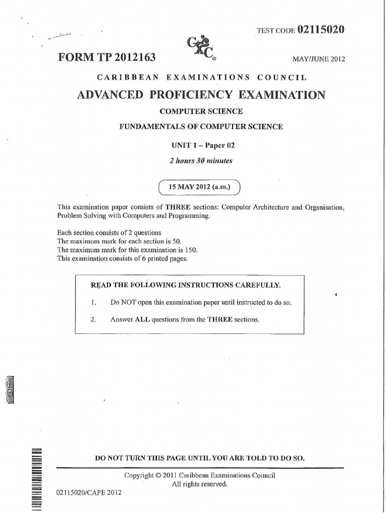 CAPE Computer Science Unit 1 2012 Past Paper | PDF