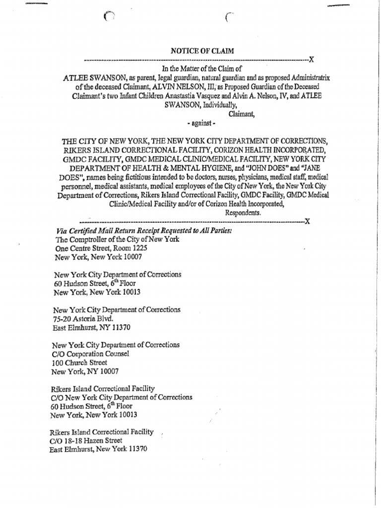 Alvin Nelson Notice of Claim | PDF