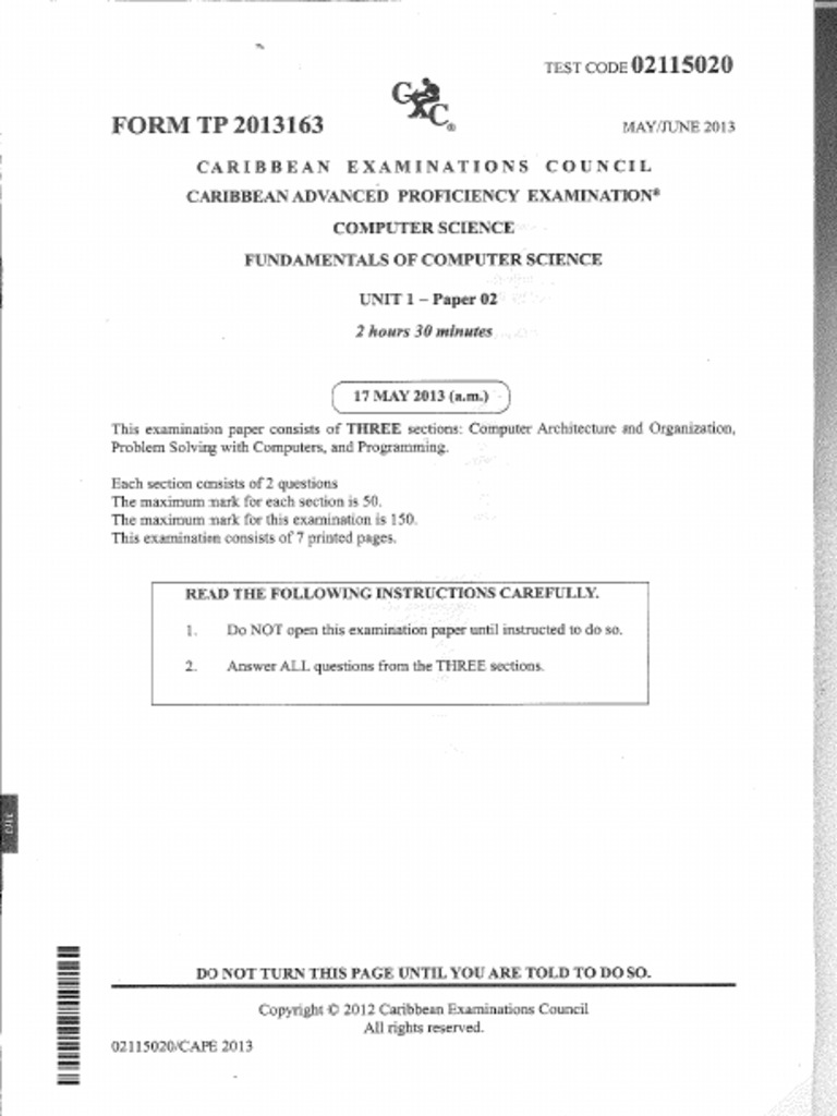 CAPE Computer Science Unit 1 Paper 2 | PDF