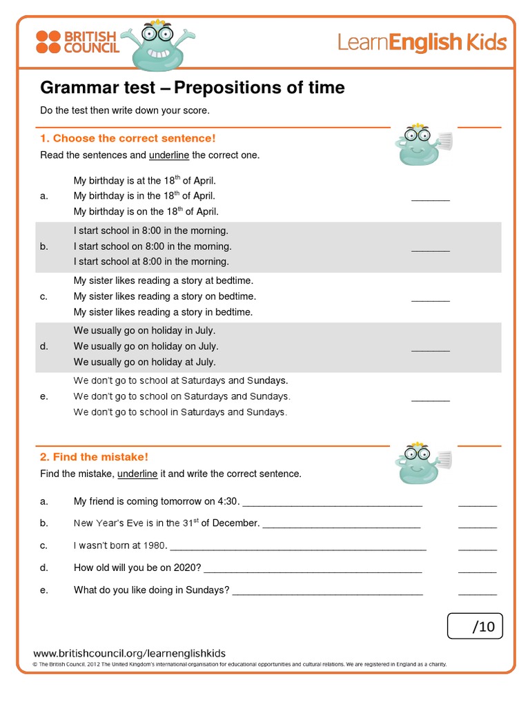Grammar Tests Prepositions of Time | PDF | Language Arts & Discipline
