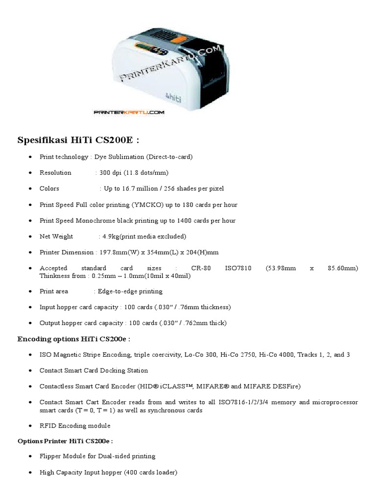 Spesifikasi HiTi CS200E | PDF | Printer (Computing) | Smart Card