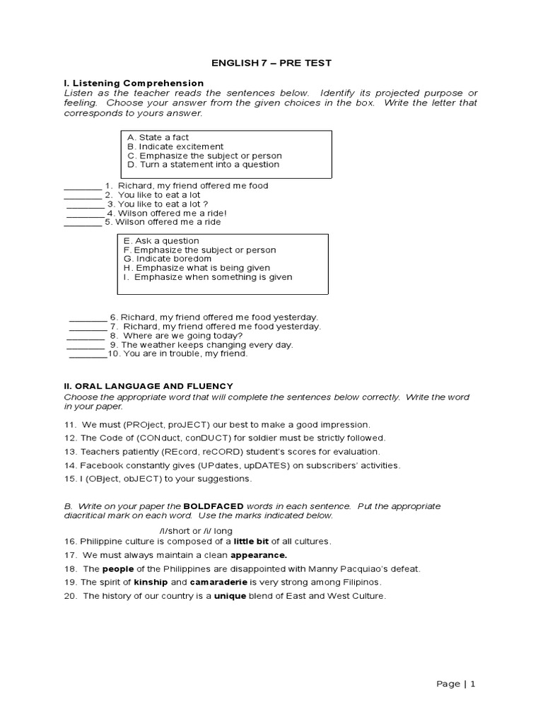 Pre Test - Grade 7 | PDF | Reading Comprehension | Sentence (Linguistics)