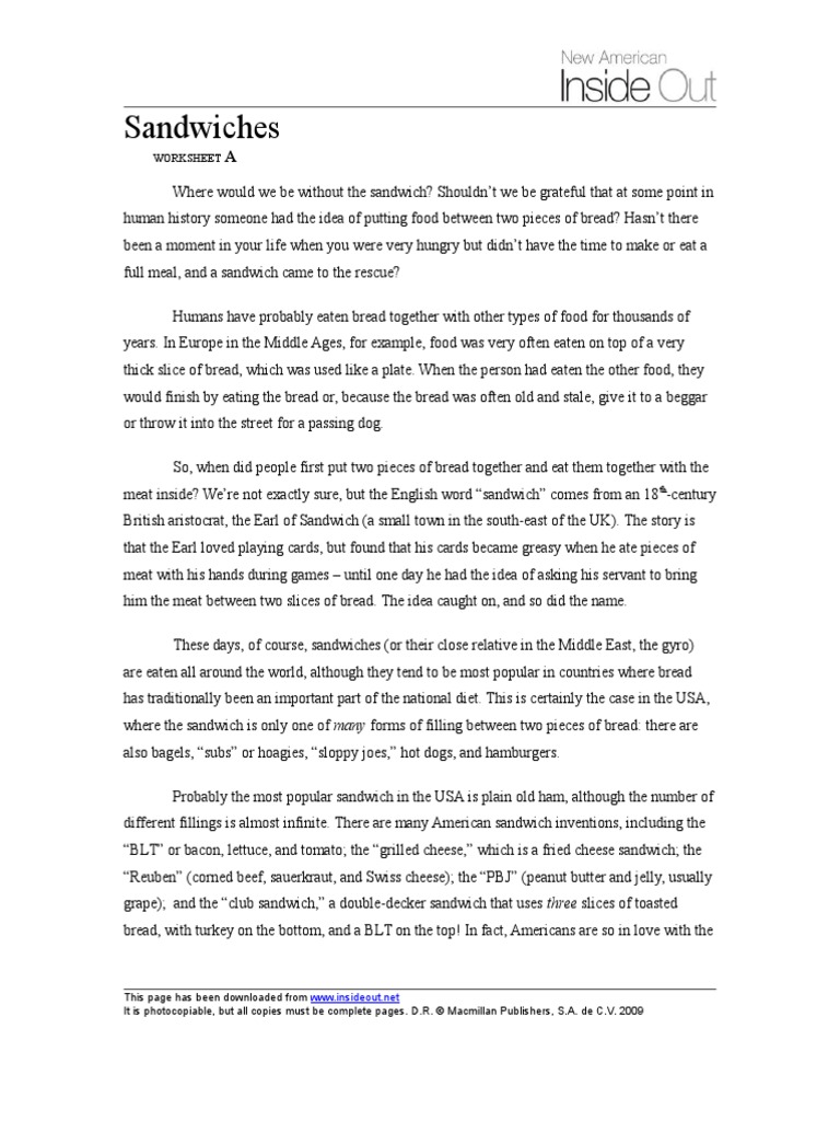 Sandwiches - Worksheet | PDF | Sandwich | Fast Food