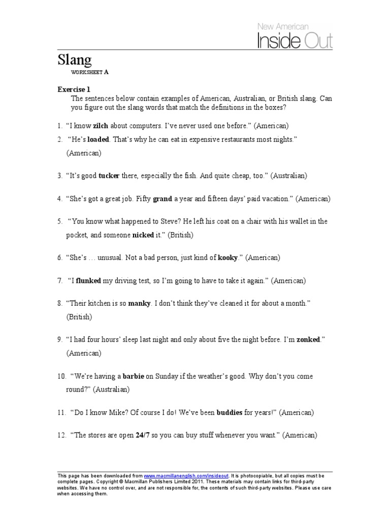 Slang - Worksheet | PDF