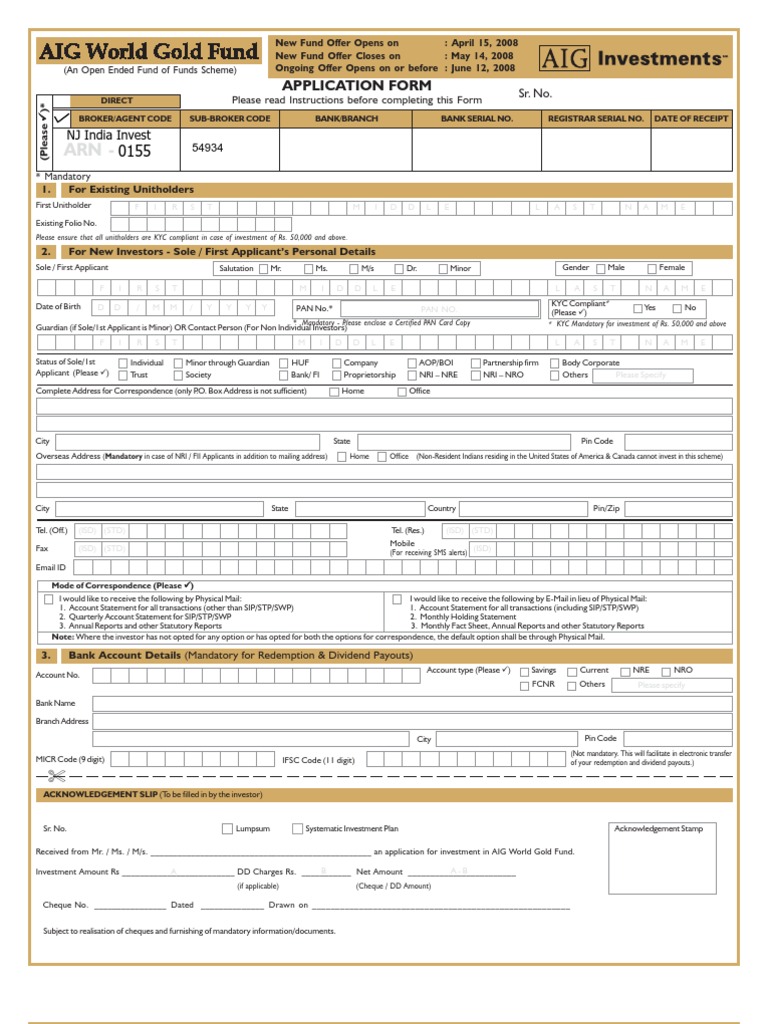 AIG World Gold Fund Investment KYC Form | PDF | Mutual Funds | Dividend