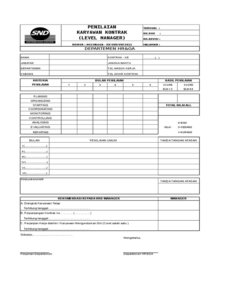 Contoh Penilaian Karyawan (KPI) | PDF