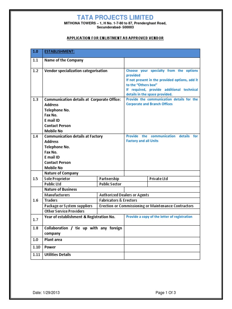 Sample Vendor Registration Form | Taxes | Technology