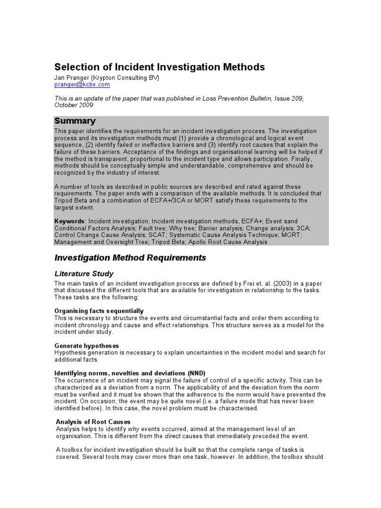 Selection of Incident Investigation Methods | PDF | Causality | Science