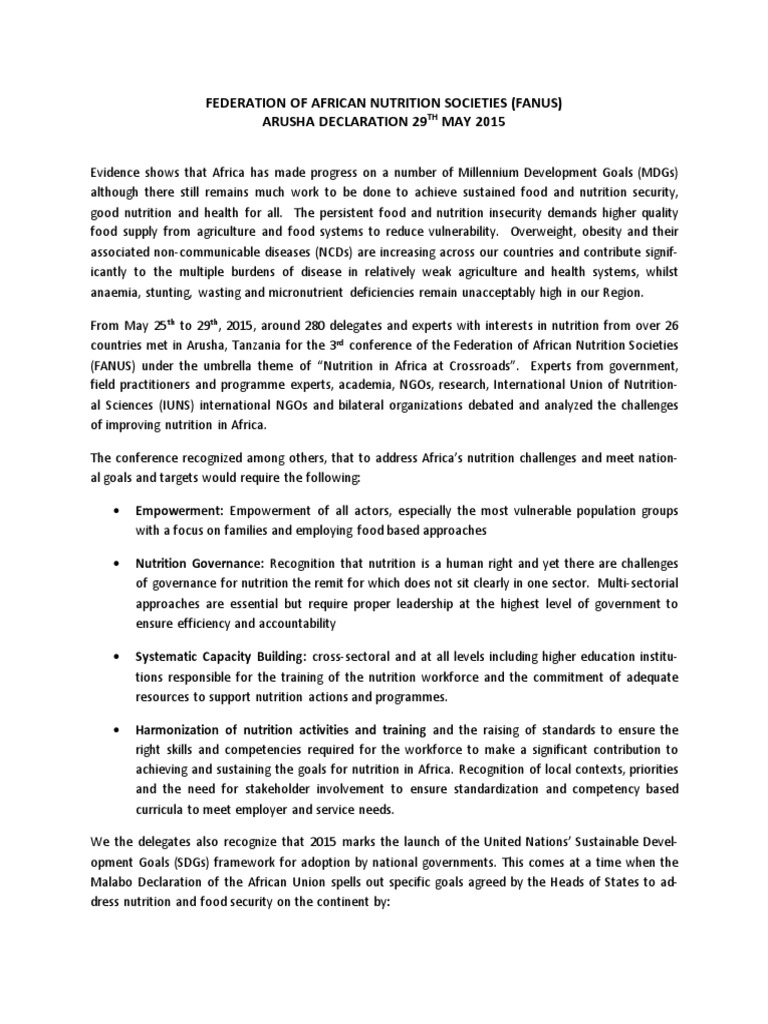 FANUS Arusha Declaration 2015 | PDF | Food Security | Nutrition