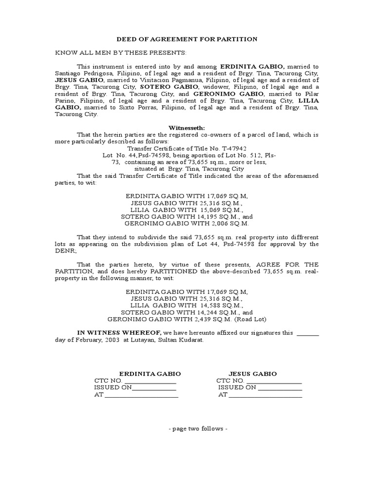 Deed of Agreement for Partition | Deed | Environmental Law