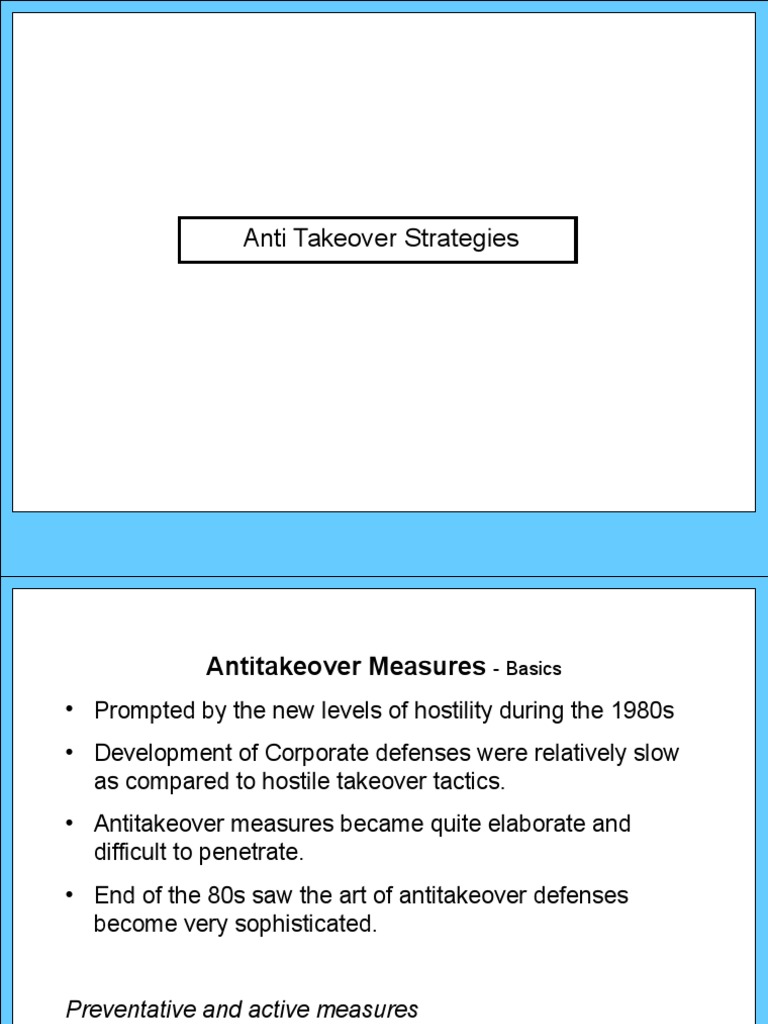 Anti Take Over Strategies | PDF | Takeover | Stocks