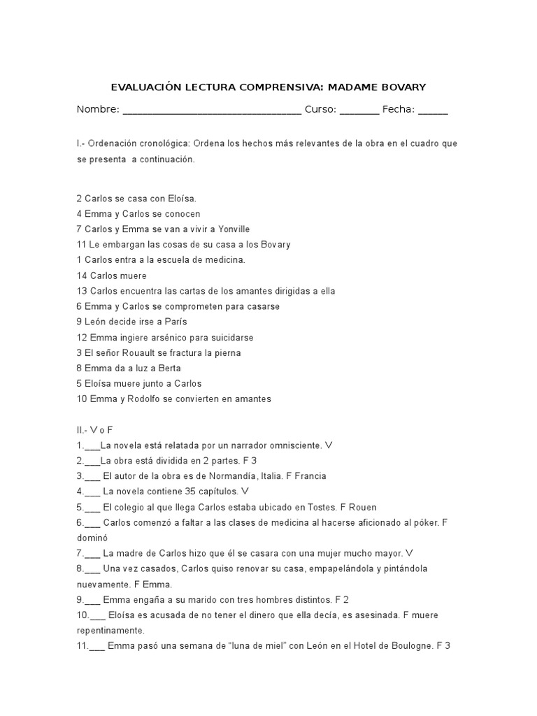 Cuestionario sobre Madame Bovary | PDF | Madame Bovary