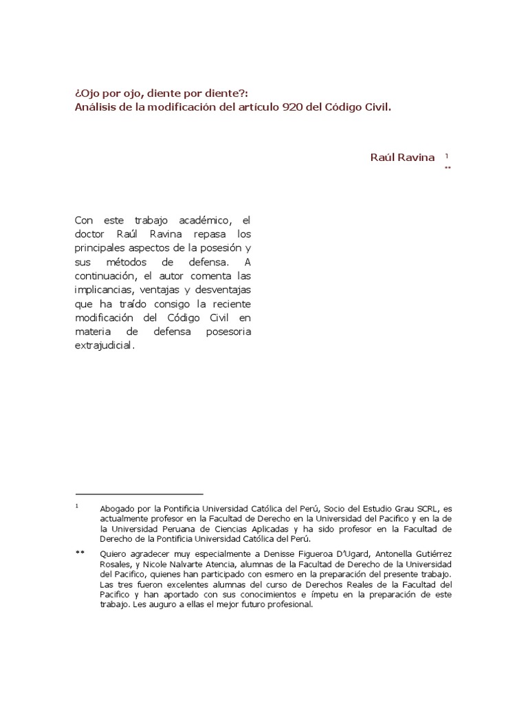 Análisis Del Art.920 de Codigo Civil | PDF | Posesión (Ley) | Propiedad