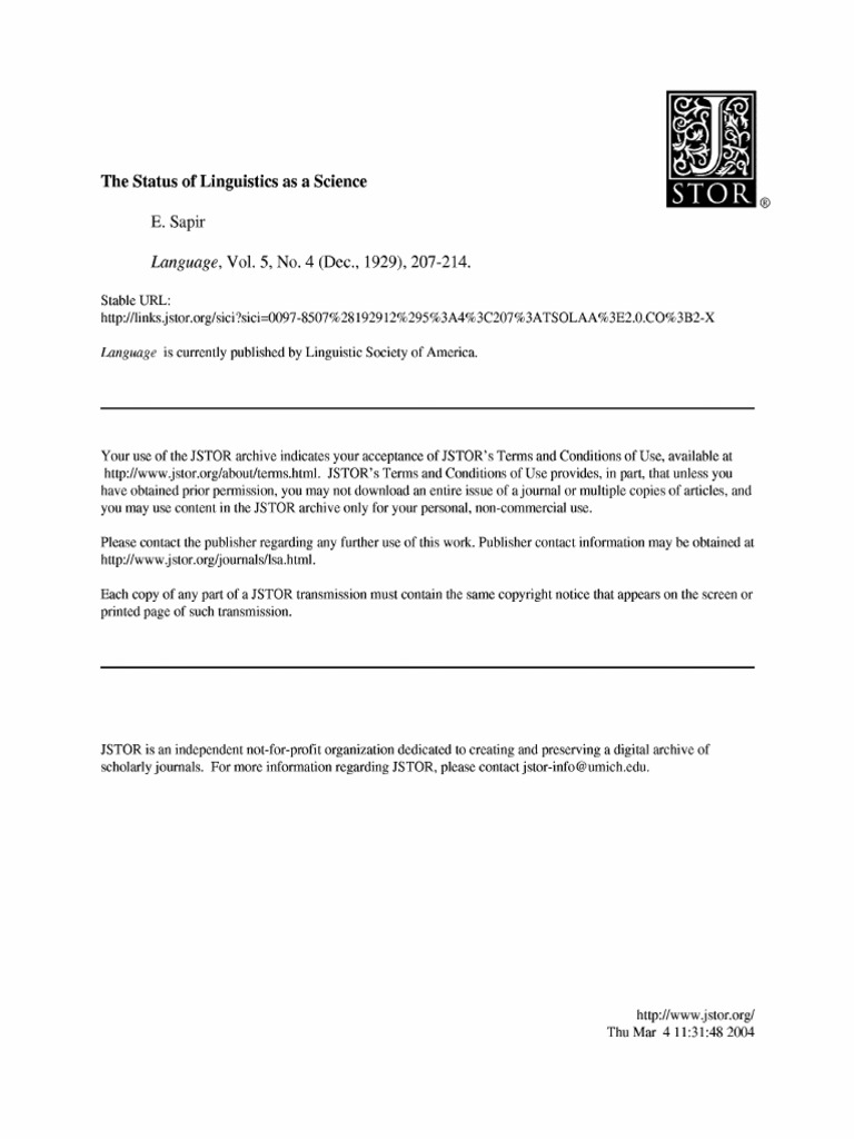 Sapir, Edward - The Status of Linguistics As A Science | PDF