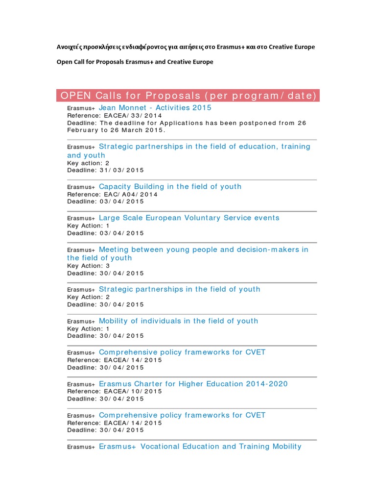 (Erasmus+) OPEN Calls For Proposals | PDF | Business | Social Science