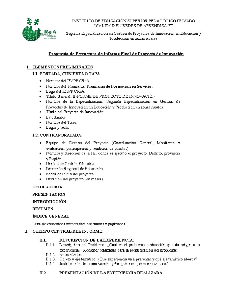 Estructura de Informe Final de Proyecto de Innovación | PDF | Innovación | Evaluación