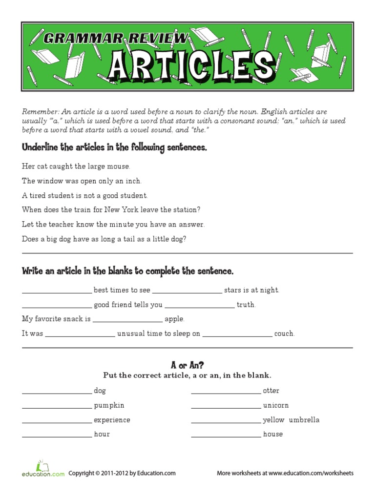 Articles Worksheet | PDF