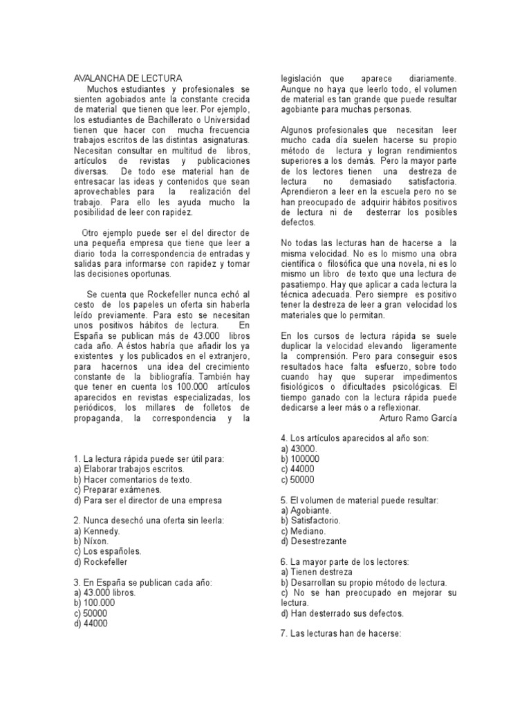 Comprension Avalancha de Lectura - La Lectura | PDF | Lectura veloz ...