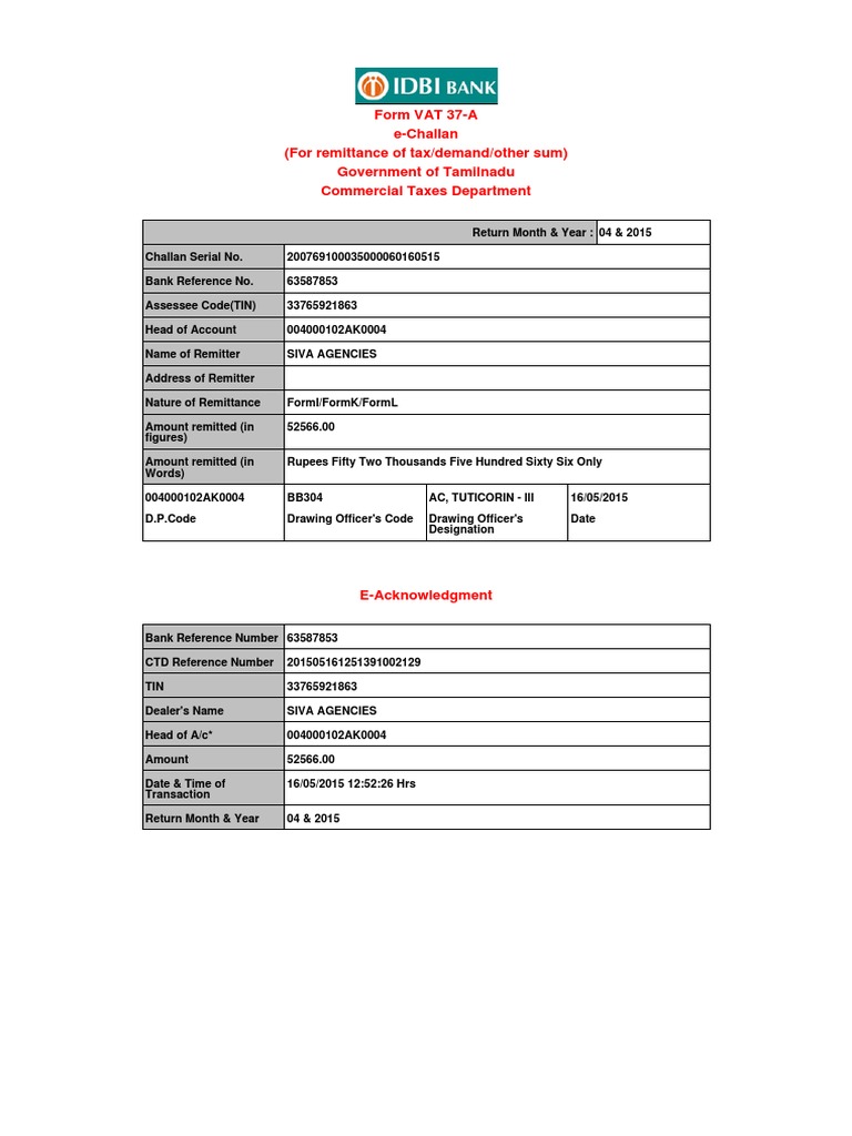 Tamil Nadu VAT 37-A e-Challan Form | PDF