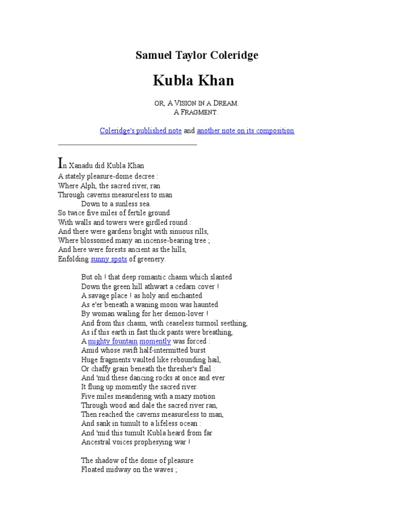 Samuel Taylor Coleridge Kubla Khan | PDF | Poetry