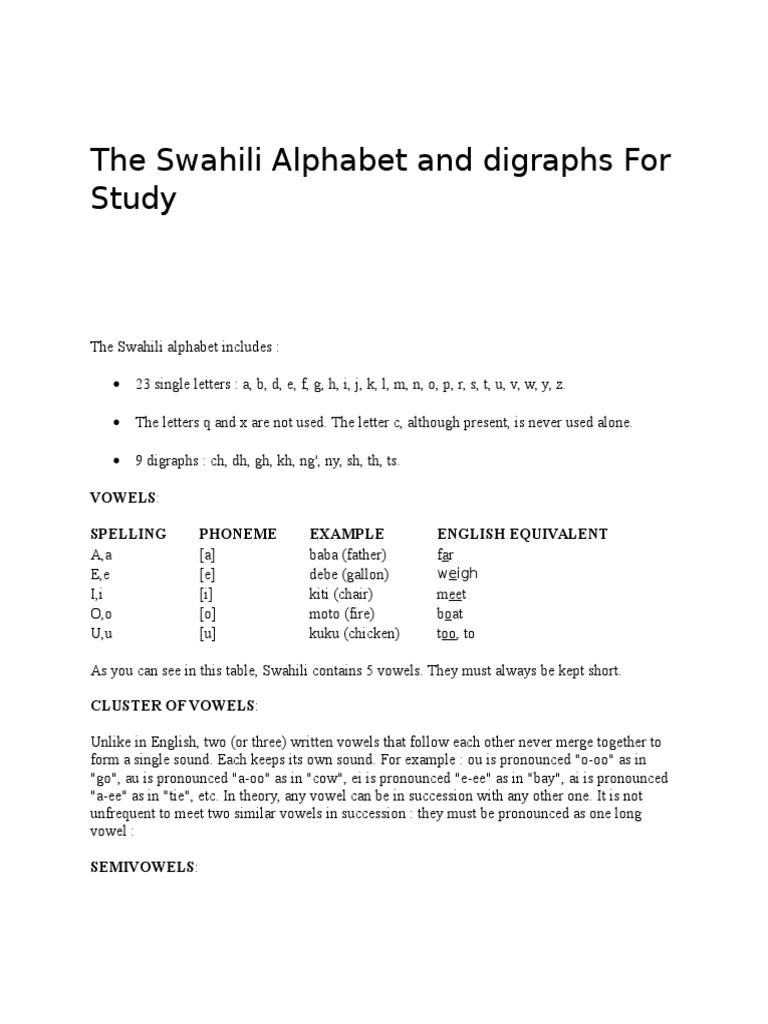 The Swahili Alphabet and Digraphs For Study | PDF | Consonant | Swahili ...