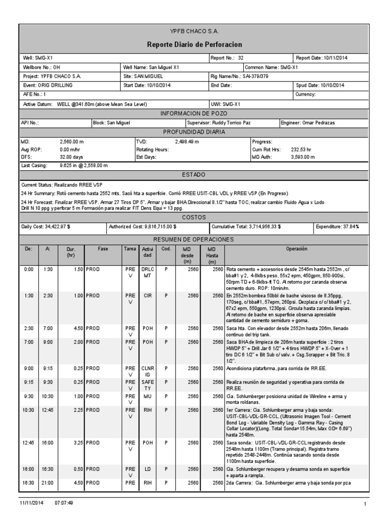 Daily Drilling Report YPFB Chaco SA # 32 2014 11 11 | PDF | Energía y ...
