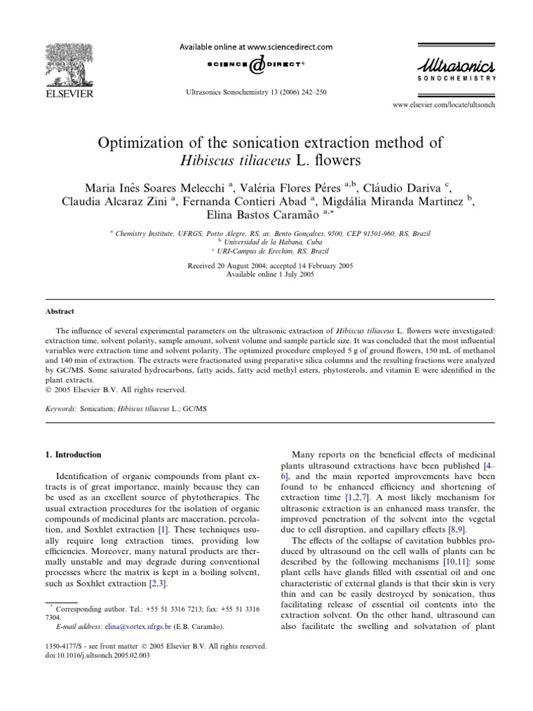 Optimization of The Sonication Extraction Method of Hibiscus Tiliaceus ...