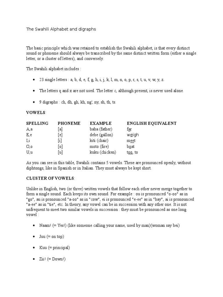 Swahili Alphabet and Pronunciation Guide | PDF | Syllable | Swahili ...
