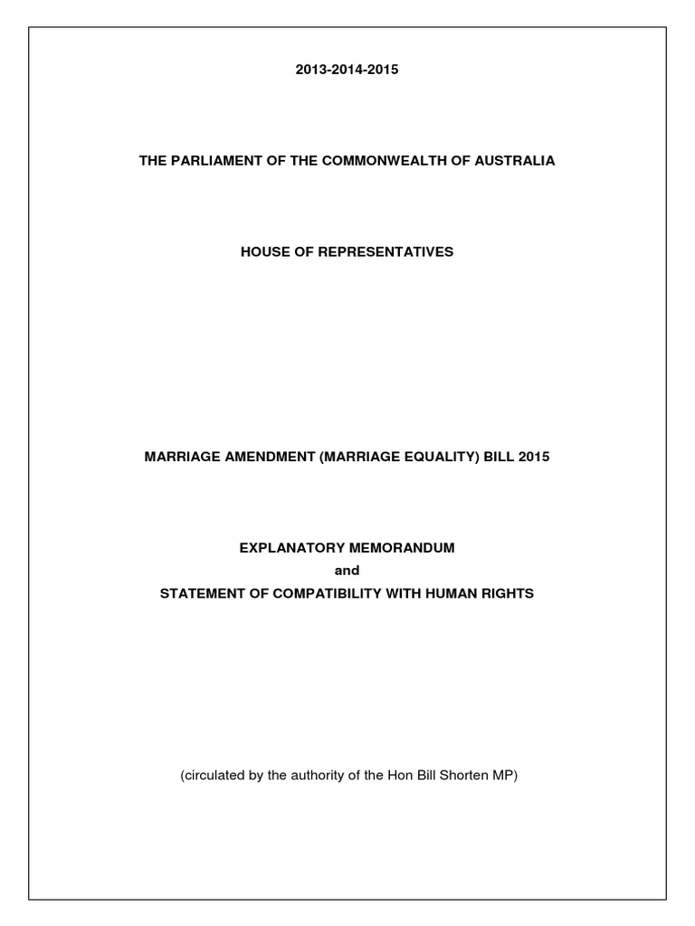 Explanatory Memorandum Marriage Amendment Marriage Equality Bill 2015 ...
