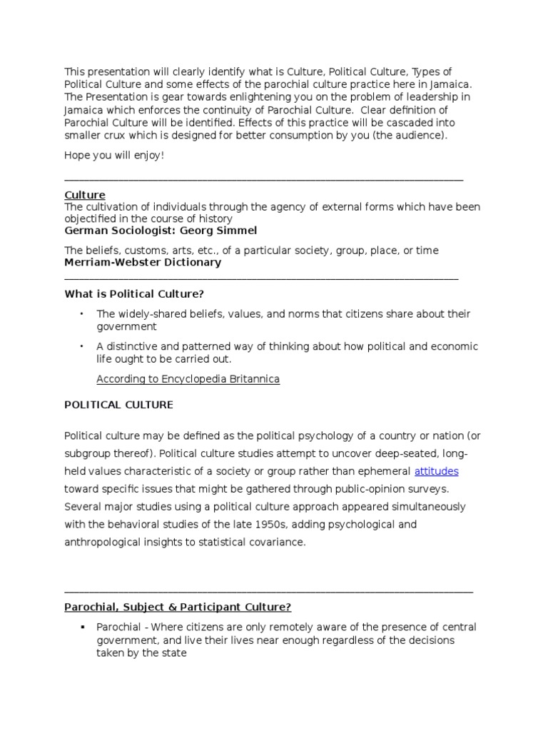 Understanding Parochial Political Culture | PDF