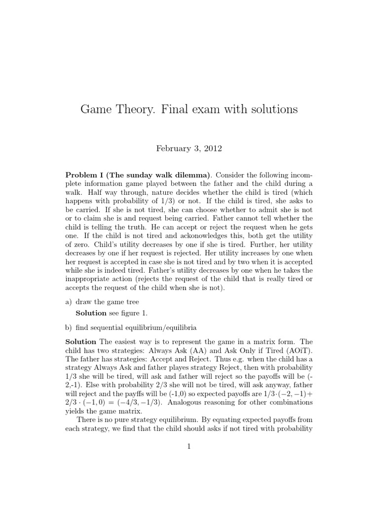 Game Theory. Final Exam With Solutions: February 3, 2012 | PDF | Game ...
